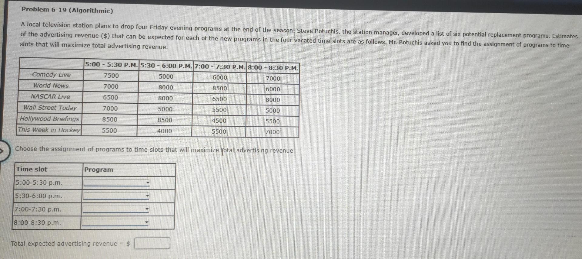 Solved Problem 6-19 (Algorithmic) A local television station | Chegg.com