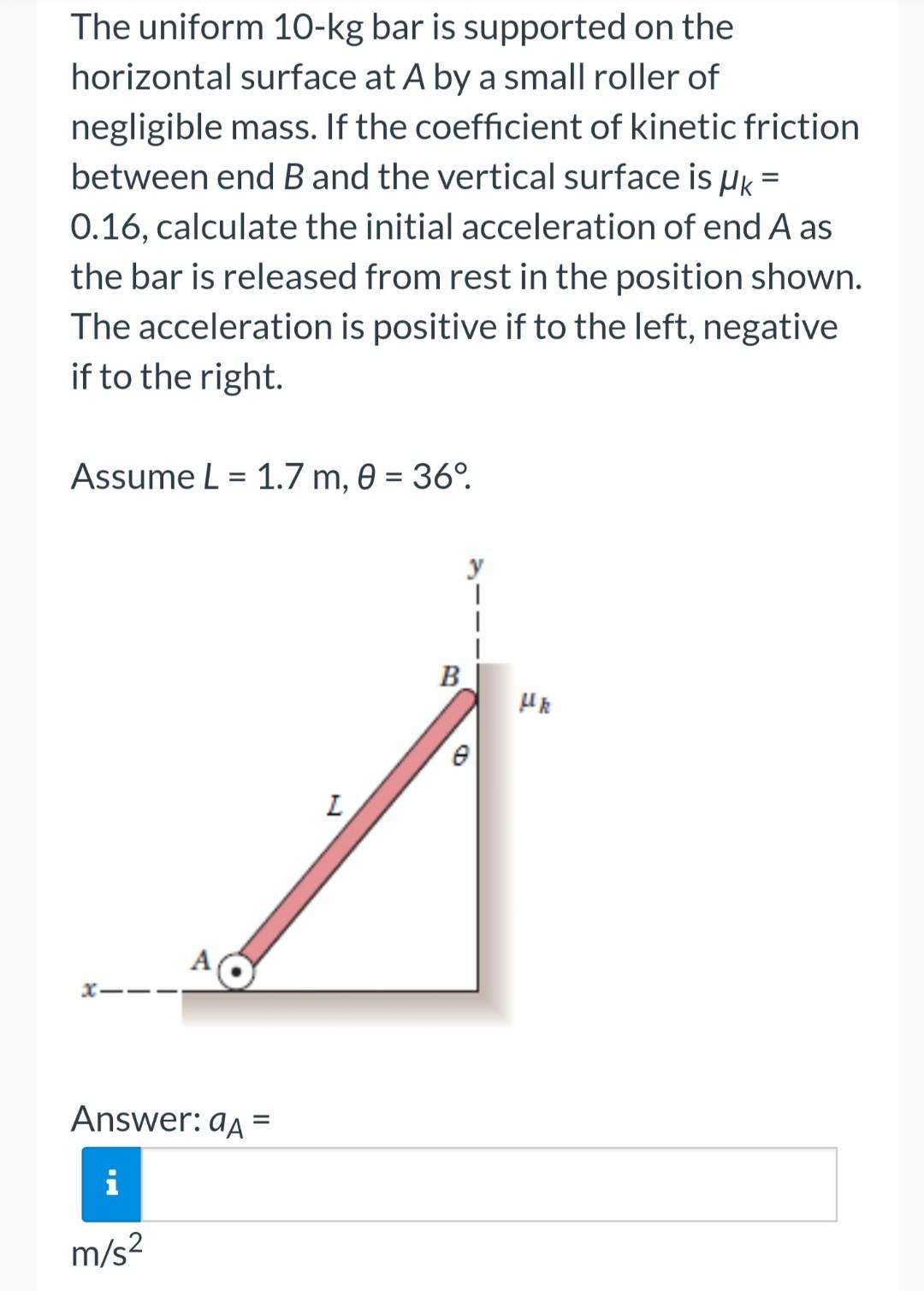 Solved The uniform 10-kg bar is supported on the horizontal | Chegg.com