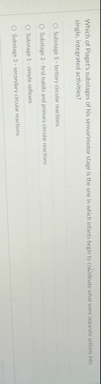 Solved Which of Piaget's substages of his sensorimotor stage | Chegg.com