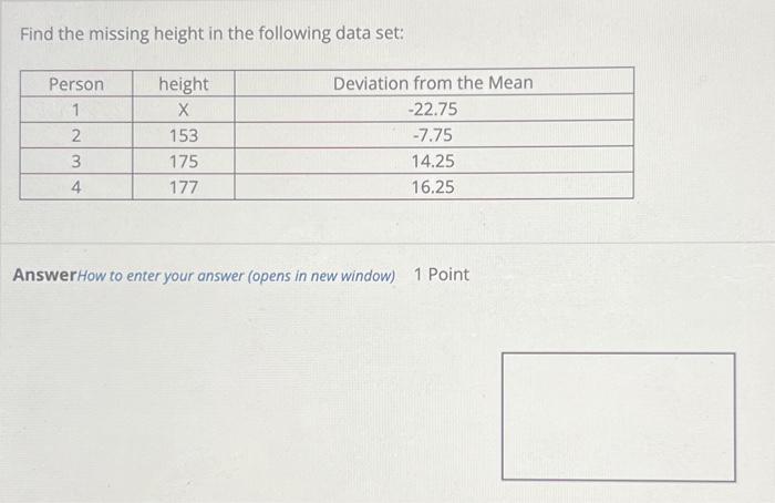 Solved Find the missing height in the following data set: | Chegg.com