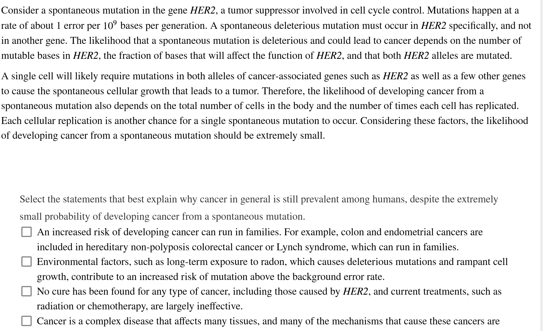 Solved Select the statements that best explain why cancer in | Chegg.com