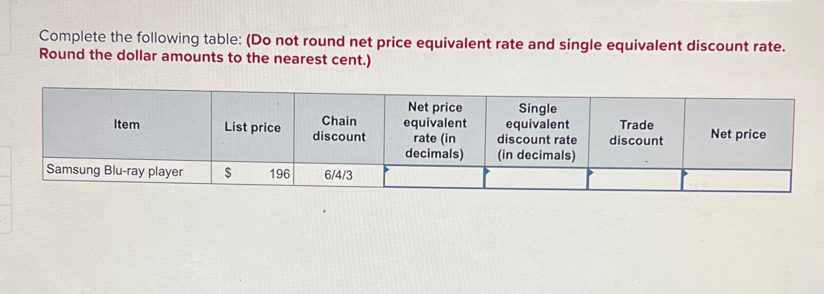 Solved Complete the following table: (Do not round net price | Chegg.com