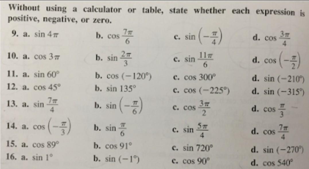 Solved c. sin d. cos 4. c. sin Without using a calculator or | Chegg.com