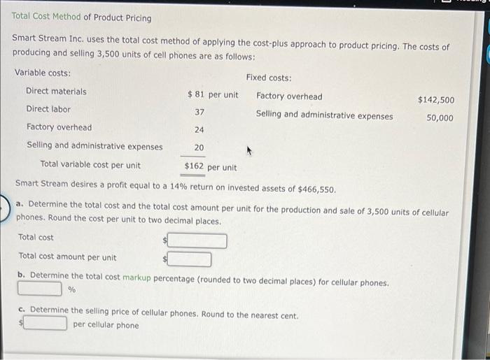 Solved Total Cost Method of Product Pricing Smart Stream | Chegg.com