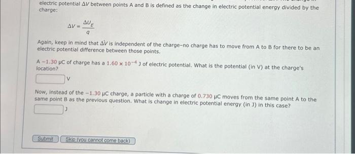 Solved electric potential ΔV between points A and B is | Chegg.com