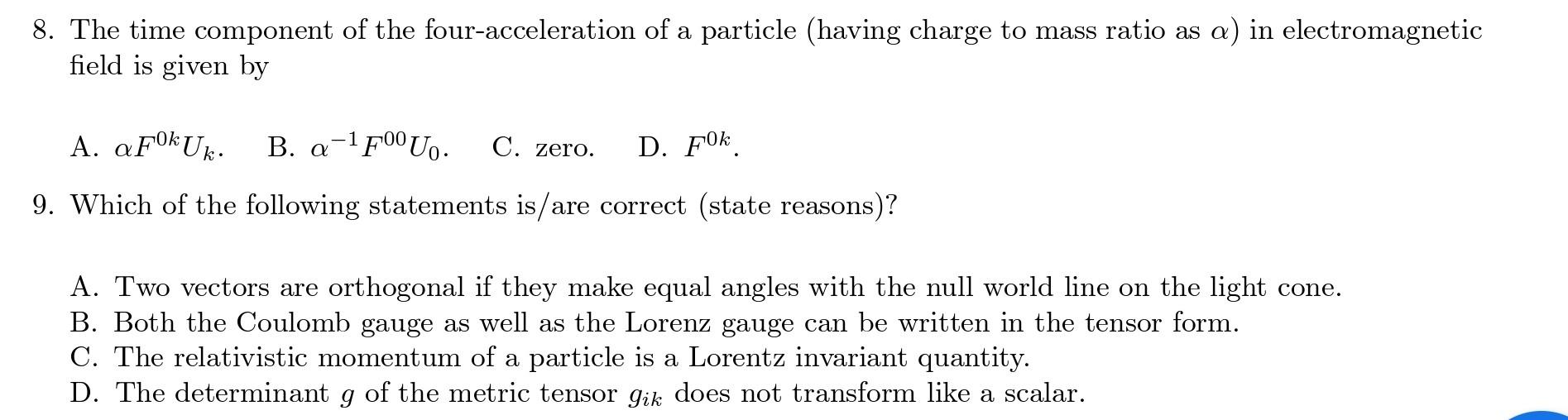 8. The time component of the four-acceleration of a | Chegg.com