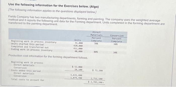 Solved Use the following information for the Exercises | Chegg.com