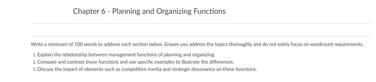 Solved Chapter 6 - Planning and Organizing Functions Write a | Chegg.com