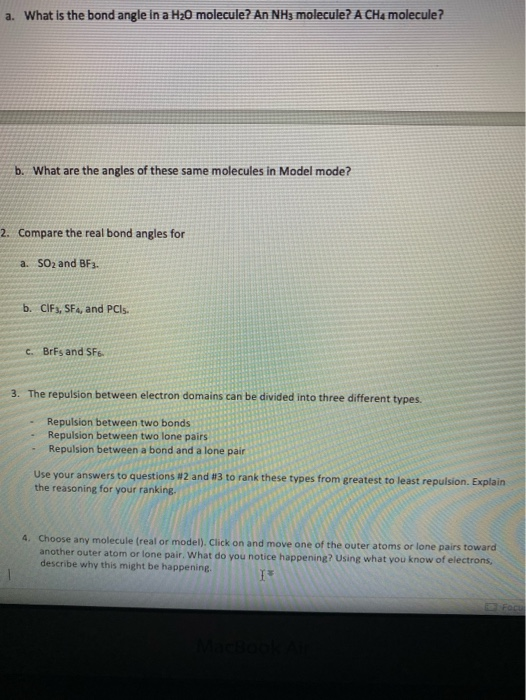 Solved a. What is the bond angle in a H2O molecule? An NH3 | Chegg.com