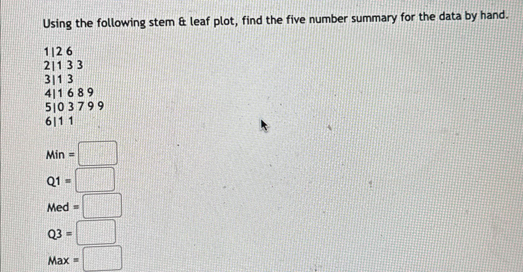 Solved Using the following stem & leaf plot, find the five | Chegg.com
