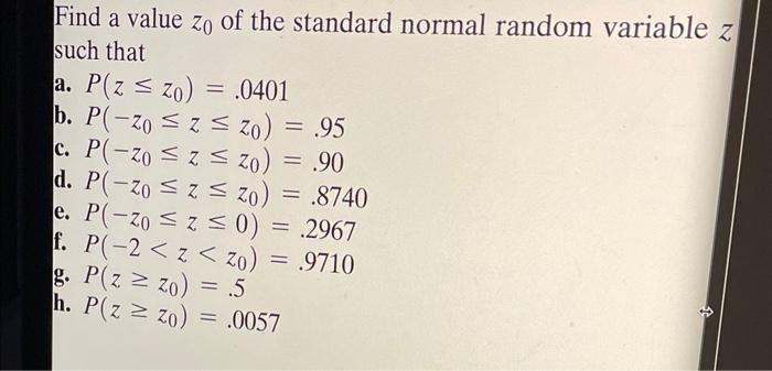 Solved Find a value z0 of the standard normal random | Chegg.com