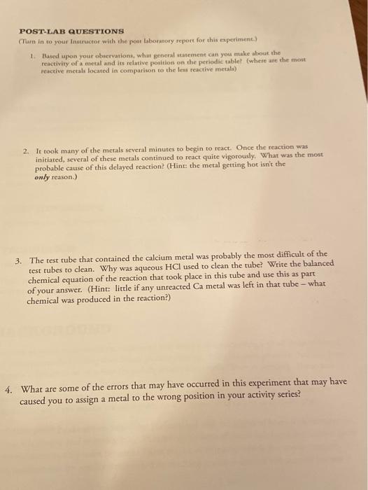 Solved POST-LAB QUESTIONS Turn in to your instructor with | Chegg.com