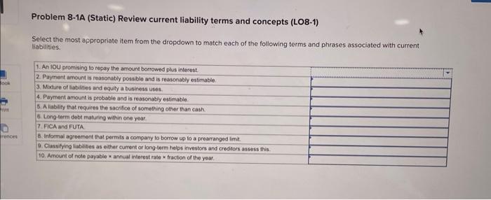 Solved Problem 8-1A (Static) Review current liability terms | Chegg.com