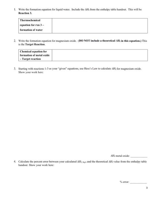 Section II - Data Analysis/Calculations EXP 9: Hess's | Chegg.com