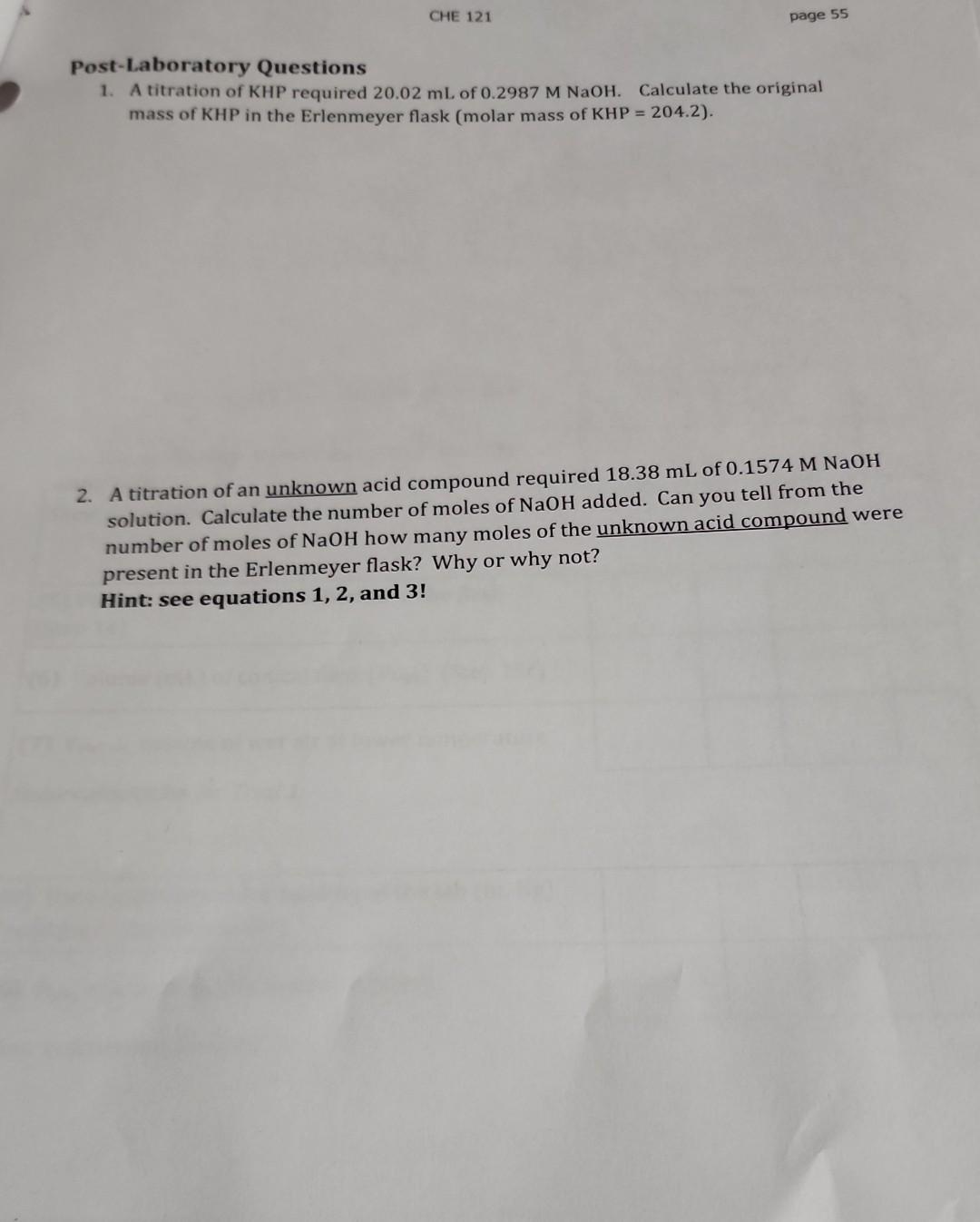 Solved Post-Laboratory Questions 1. A titration of KHP | Chegg.com