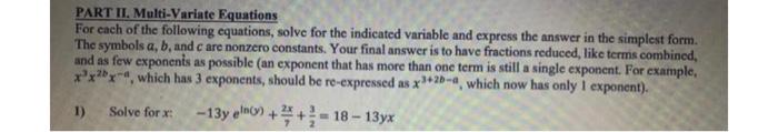 Solved PART II. Multi-Variate Equations For each of the | Chegg.com