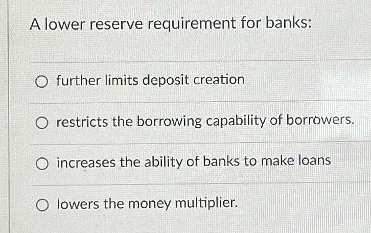 Solved A lower reserve requirement for banks:further limits | Chegg.com