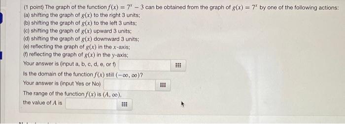 Solved (1 point) The graph of the function f(x)=7x−3 can be | Chegg.com
