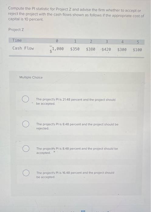Solved Compute the PI statistic for Project Z and advise the | Chegg.com
