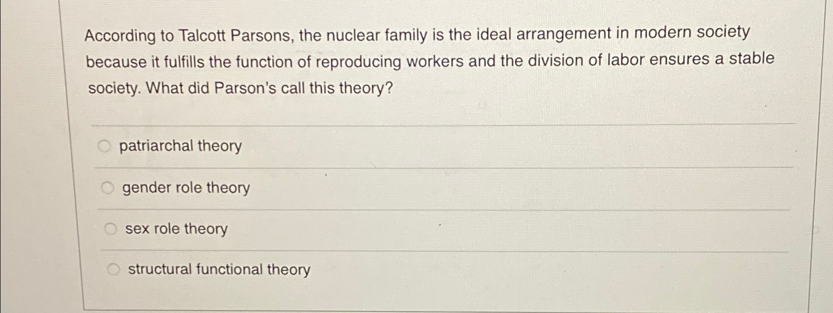 Solved According to Talcott Parsons, the nuclear family is | Chegg.com