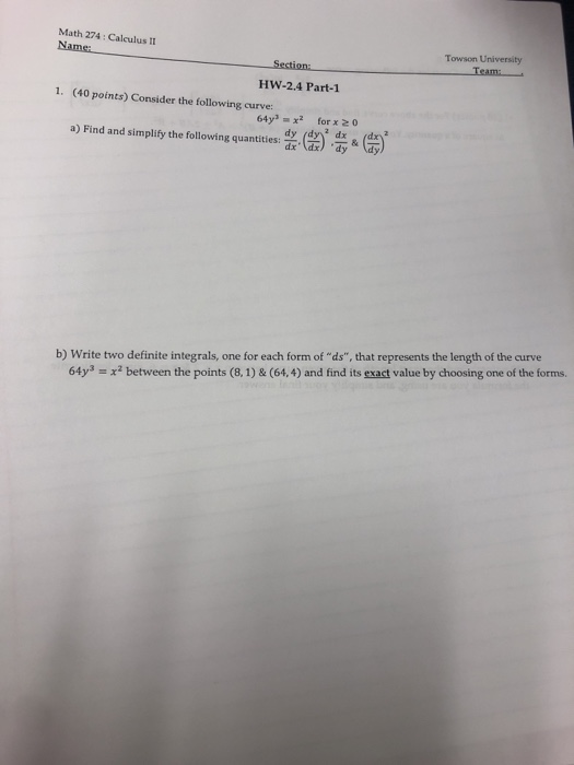 Solved Towson University Team Math 274:Calculus II Name: | Chegg.com