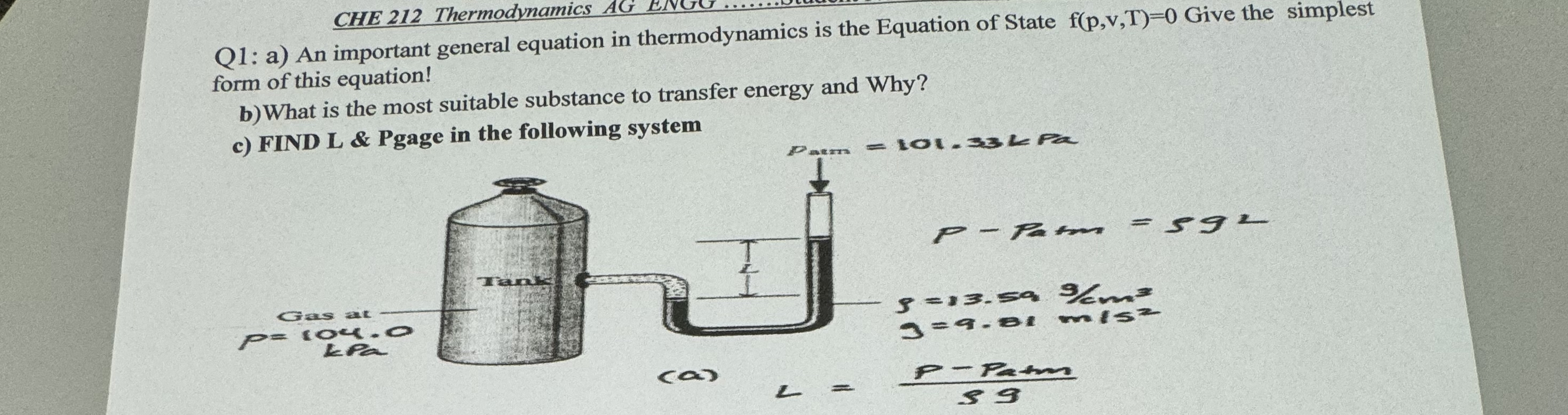 in thermodynamics is the Equation of State f(p,v,T)=0 | Chegg.com