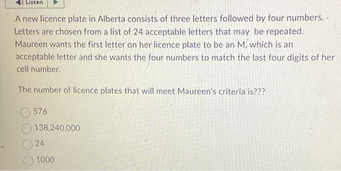 Solved A new licence plate in Alberta consists of three | Chegg.com