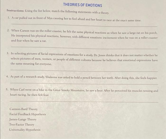 Solved THEORIES OF EMOTIONS Instructions: Using the list | Chegg.com