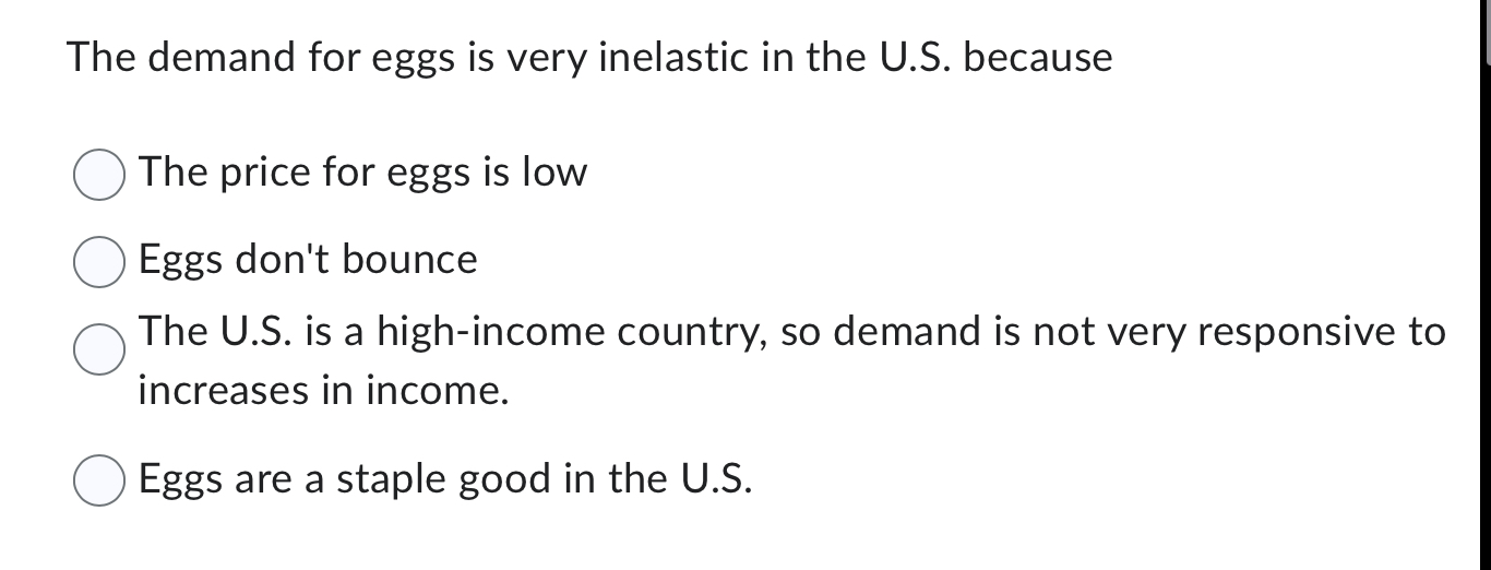 Solved The demand for eggs is very inelastic in the U.S. | Chegg.com
