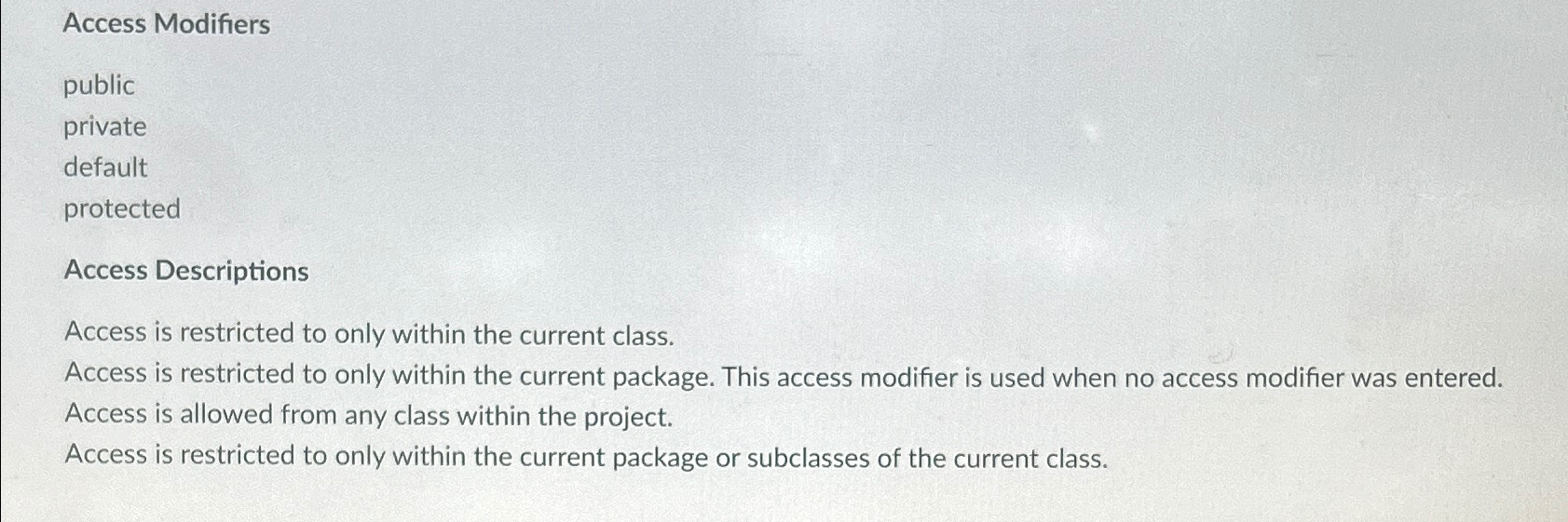 Solved Connect each Access Modifier with it's correct Access | Chegg.com