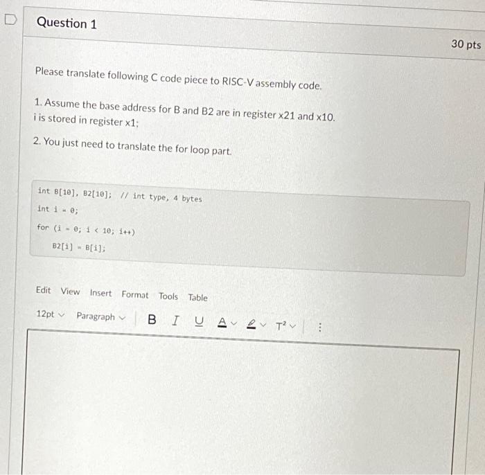 Solved D Question 1 30 pts Please translate following C code | Chegg.com