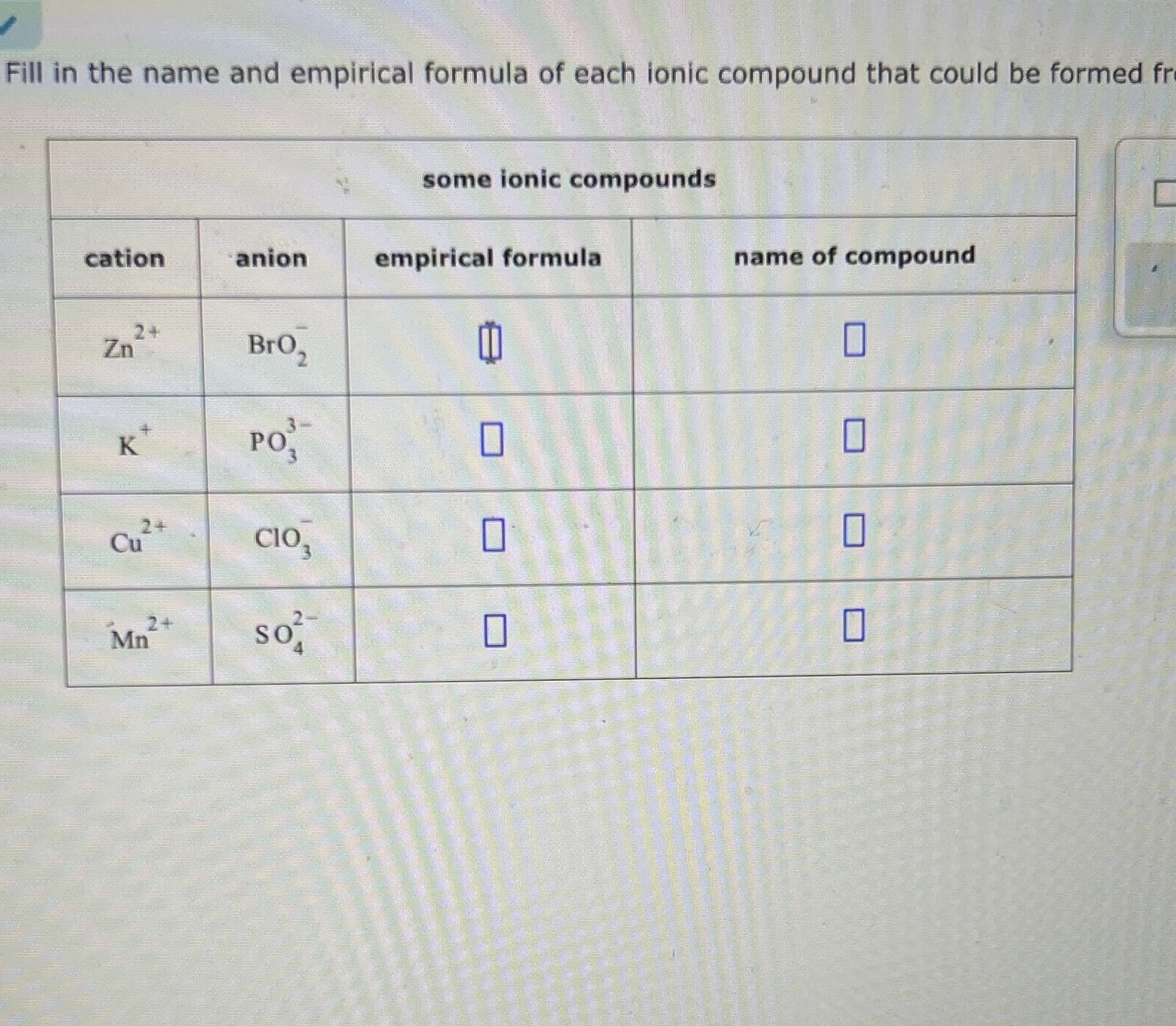 Solved Fill in the name and empirical formula of each ionic | Chegg.com