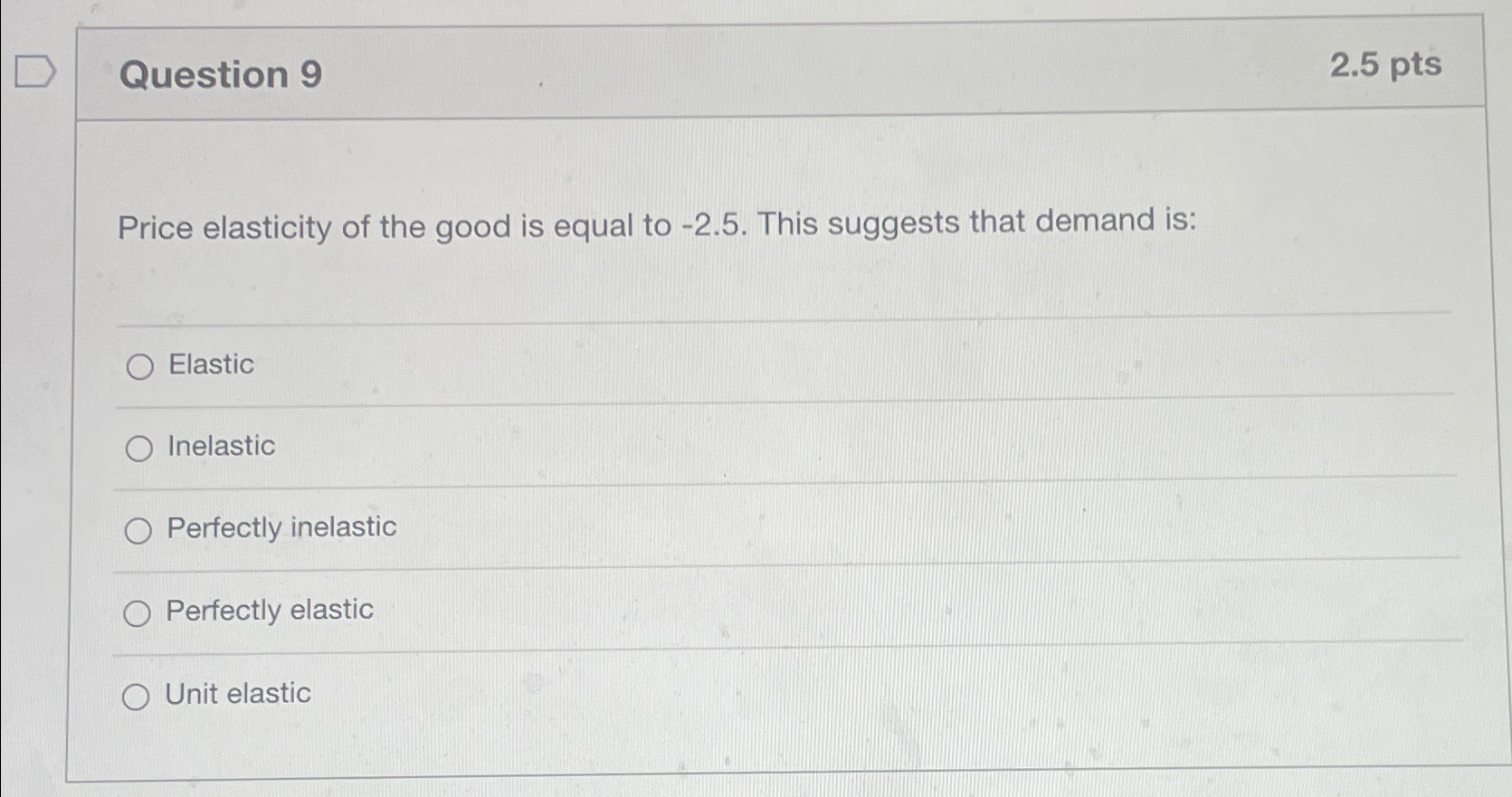 Solved Question 92.5ptsPrice elasticity of the good is equal | Chegg.com
