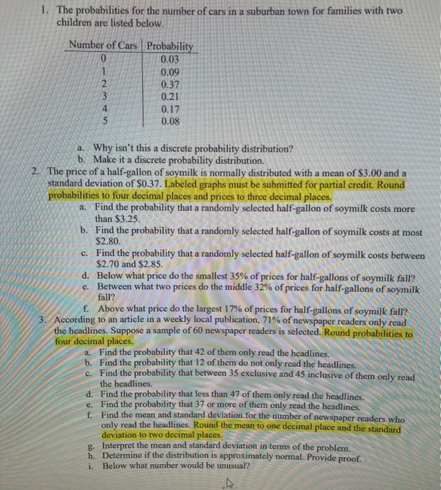 Solved 1. The probabilities for the number of cars in a | Chegg.com