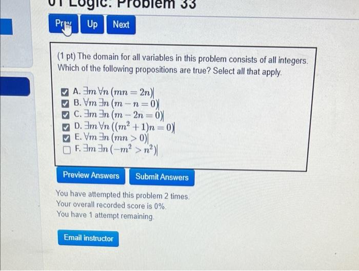 Solved Prev Up Next (1 pt) Find a counterexample to the | Chegg.com