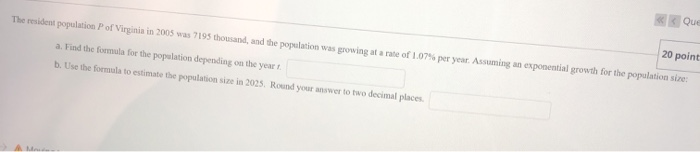 Solved The resident population Pof Virginia in 2005 was 7195 | Chegg.com
