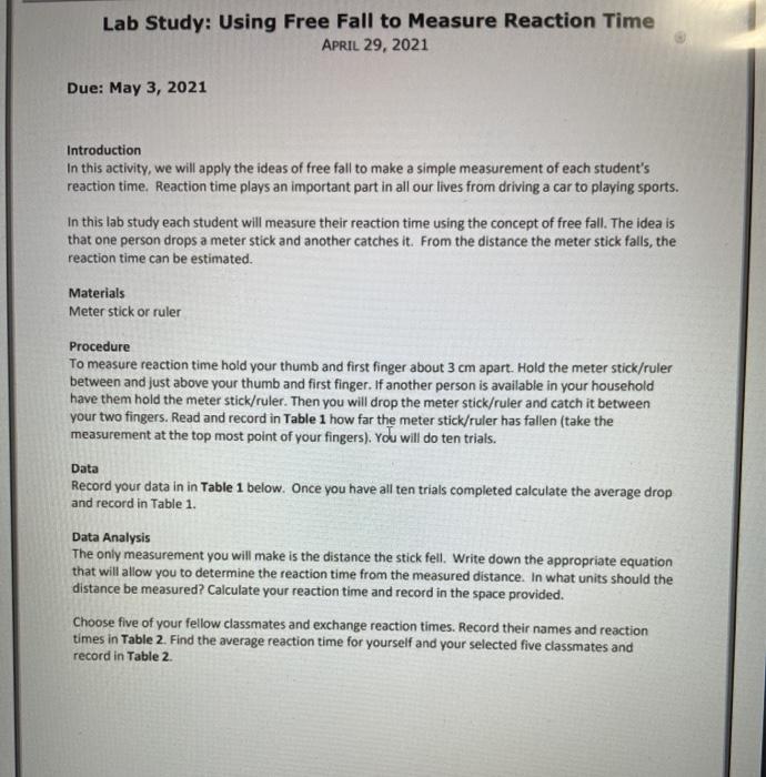 Solved Lab Study: Using Free Fall to Measure Reaction Time | Chegg.com