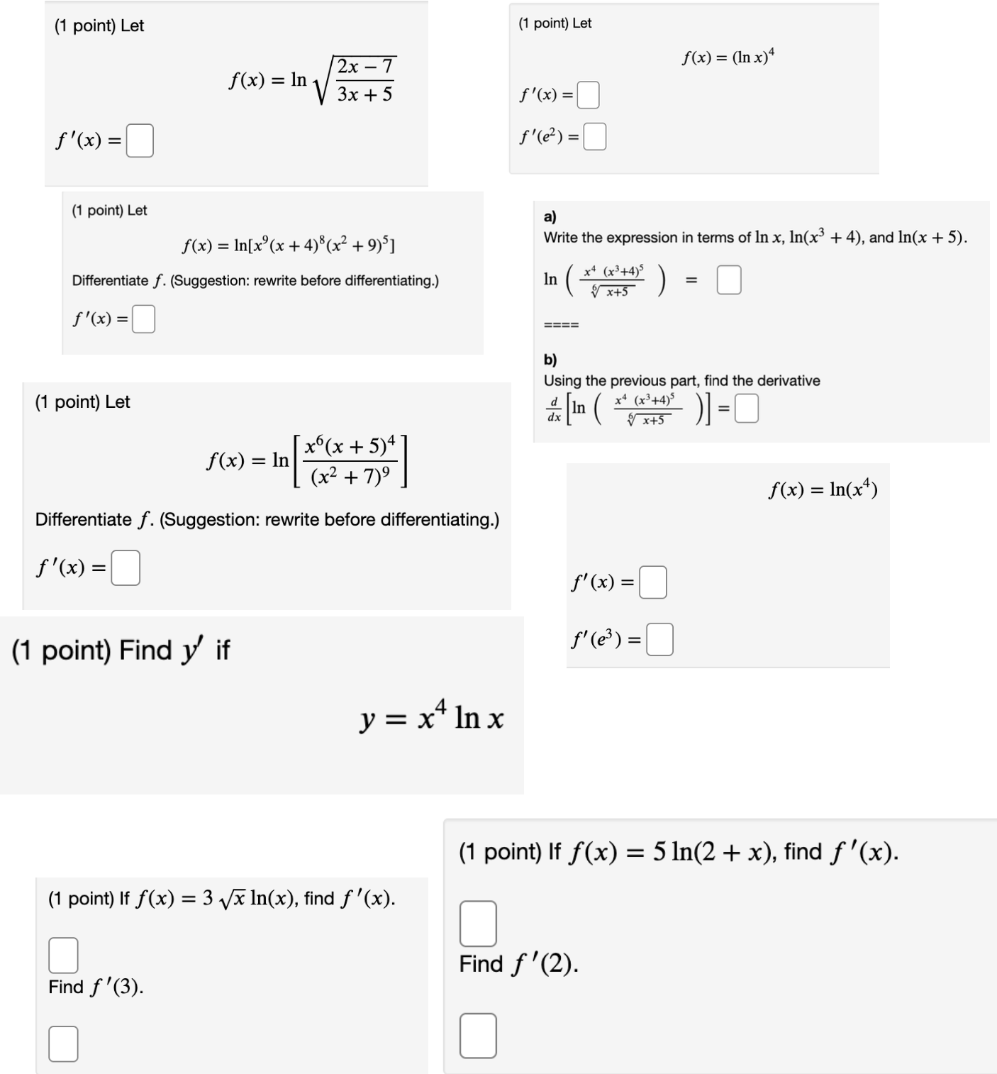 Solved (1 ﻿point) ﻿Letf'(x)=f'(e2)=Differentiate | Chegg.com