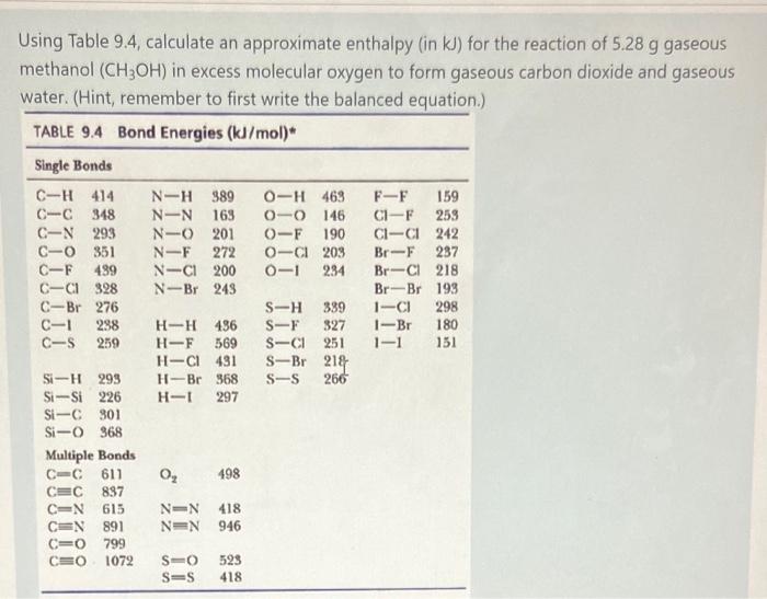 Solved Using Table 9.4, calculate an approximate enthalpy | Chegg.com