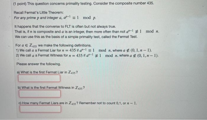 Solved (1 point) This question concerns primality testing. | Chegg.com