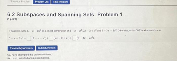Solved 6.2 Subspaces and Spanning Sets: Problem 1. (1 point) | Chegg.com