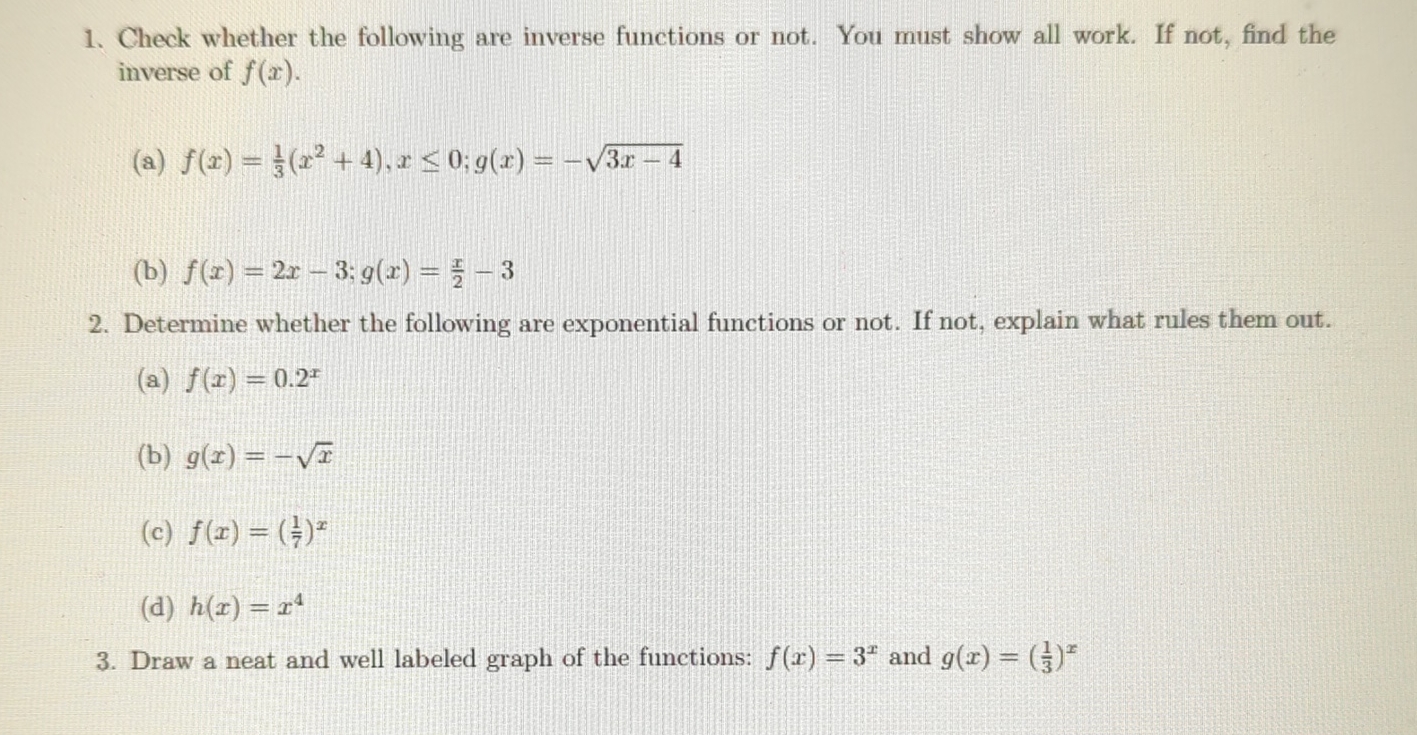 Solved Check whether the following are inverse functions or | Chegg.com