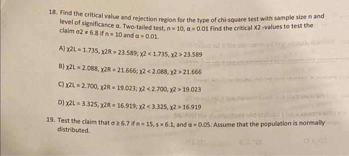 Solved 18. Find the critical value and rejection region for | Chegg.com