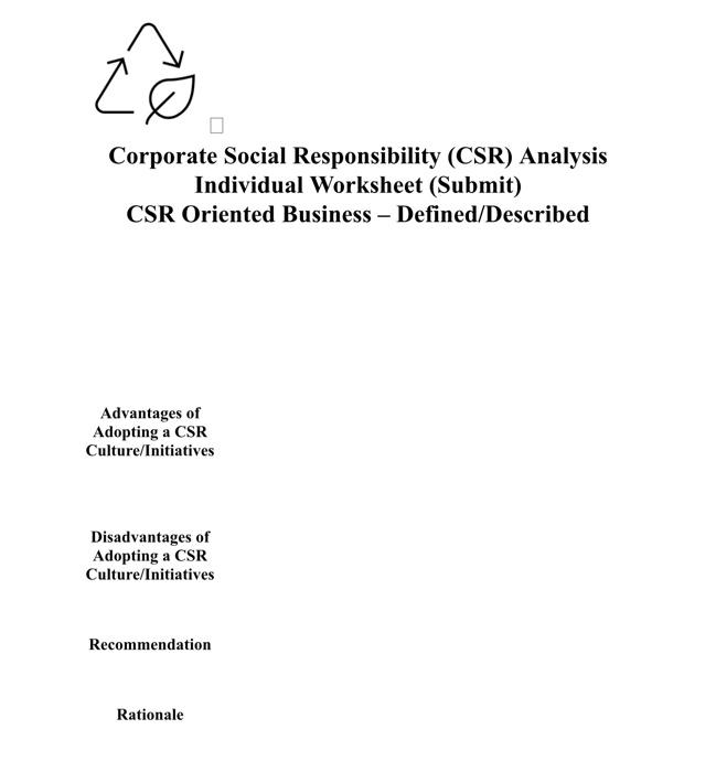 Solved Assume your team decides to adopt a CSR culture. What | Chegg.com