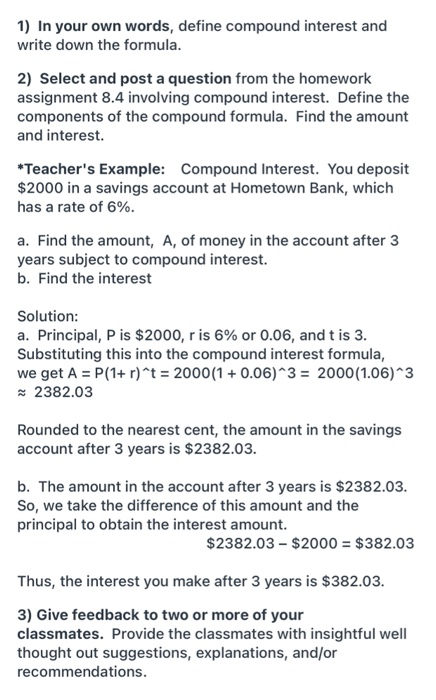 Solved 1) In your own words, define compound interest and | Chegg.com