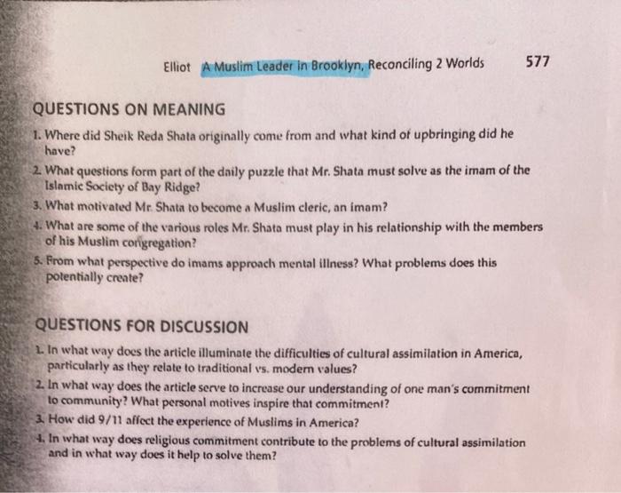 QUESTIONS ON MEANING 1. Where did Sheik Reda Shata | Chegg.com