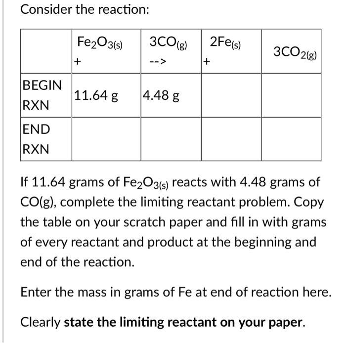 Solved Consider the reaction: Fe2O3(s) 3CO(g) 2Fe(s) 3CO2(g) | Chegg.com