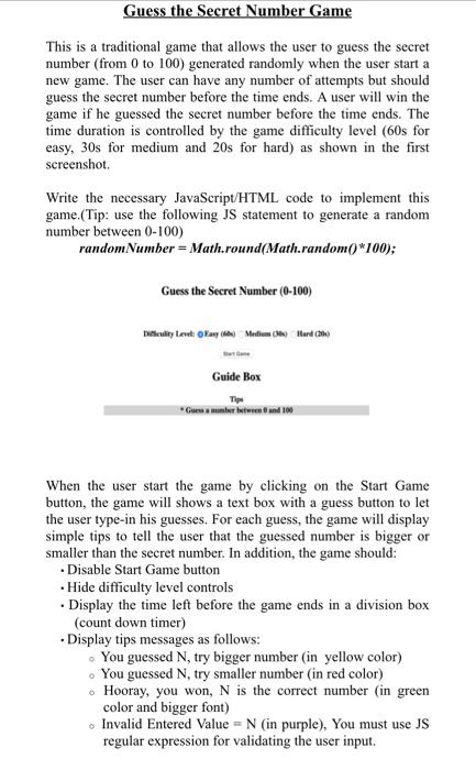 Solved Guess the Secret Number Game This is a traditional | Chegg.com