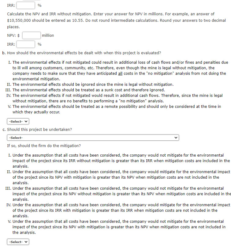 IRR:%Calculate the NPV and IRR without mitigation. | Chegg.com