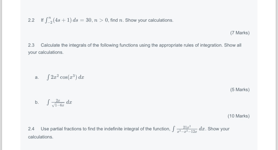 Solved 2.2 ﻿If ∫-2n(4s+1)ds=30,n>0, ﻿find n. ﻿Show your | Chegg.com